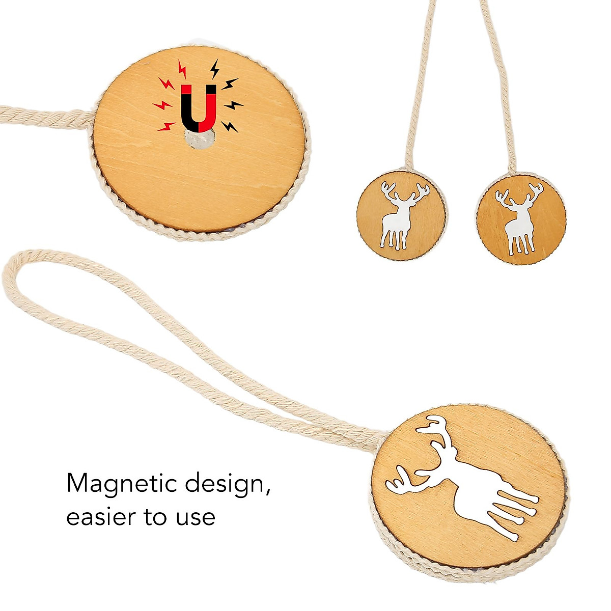 2 Pack Magnetic Curtain Tiebacks, Cute Deer Decorative Tie Backs Curtain Holdbacks for Drapes Wood Curtain Holders for Christmas Home Holiday Decor, No Screw