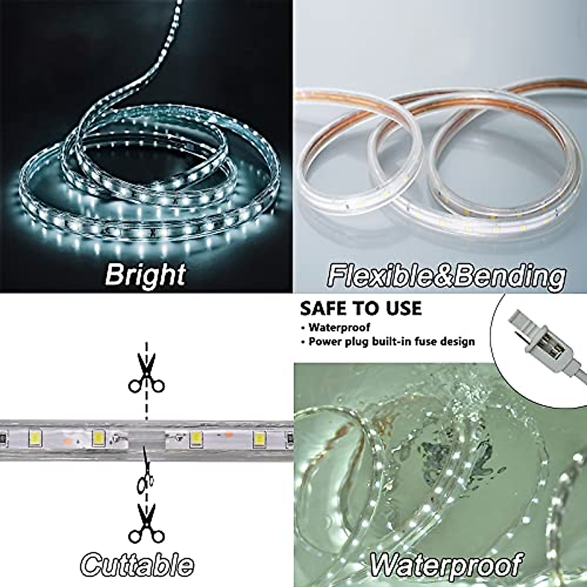 SURNIE 150ft LED Rope Lights Outdoor Waterproof - 110V Daylight White Dimmable Thick Flat Strip Light 6500K Cuttable Connectable for Stairs,Deck,Backyards,Commercial Use Indoor Outdoor Rope Lighting