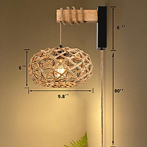Plug in Wall Sconces Rattan Boho Decor Wall Sconce Light Woven Wicker Wall Lamp with Plug in Cord Dimmable Hanging Lamps That Plug Into Wall Outlet Rustic Wall Lamp Light for Bedroom Living Room