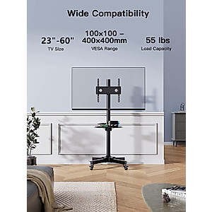 PERLESMITH Mobile TV Cart with Wheels for 23-60 Inch LCD LED OLED Flat Curved Screen Outdoor TVs Height Adjustable Shelf Floor Stand Holds up to 55lbs Monitor TV Holder with Tray Max VESA 400x400mm