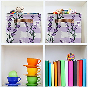 Purple Lavender Stripes Storage Baskets Large Foldable Storage Bin Canvas Toys Box Fabric Decorative Collapsible Organizer Bag with Handles 2 Pcs