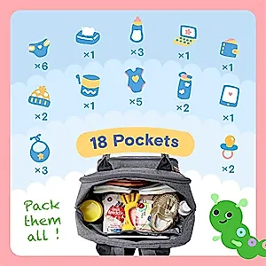 iniuniu Diaper Bag Backpack, 4 in 1 kit Large Unisex Baby Bags for Boys Girls, Waterproof Travel Back Pack with Diaper Pouch, Washable Changing Pad, Pacifier Case and Stroller Straps, Dark Gray