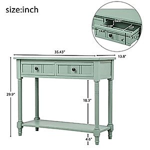 Console Table, Solid Wood Entryway Table Buffet Sideboard with 2 Drawers & 1 Display Top Shelf & 1 Storage Bottom Shelf, Rustic Style Sofa Table for Hallway Bedroom Living Room, Green