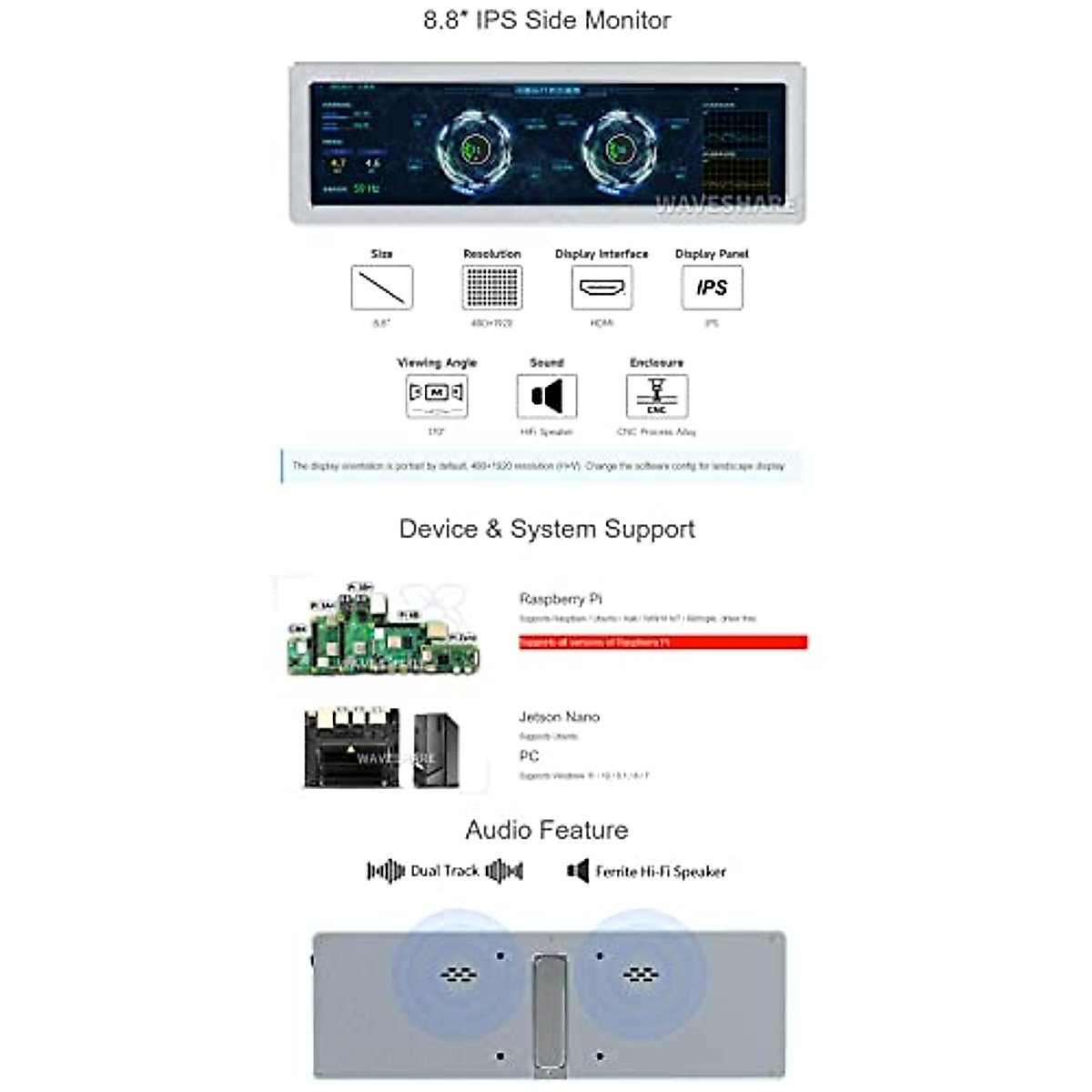 waveshare 8.8inch Side Monitor Compatible with Raspberry Pi 5/4B/3B+/3A+/2B/B+/A+/Zero/Zero W/WH/Zero 2W CM3+/4 480×1920 Resolution HDMI IPS HiFi Speaker Supports Jetson Nano/Windows