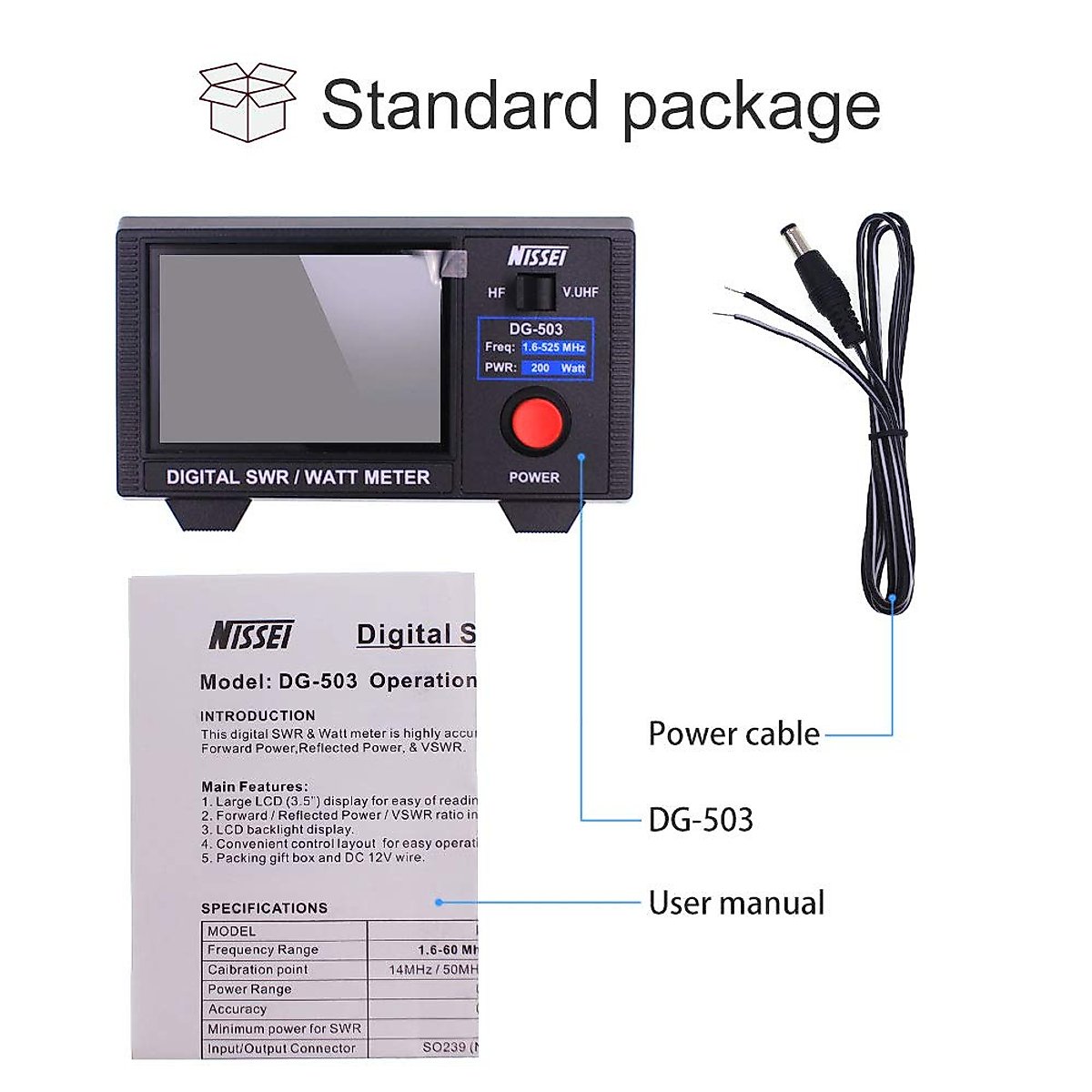 NISSEI DG-503 Digital RF Power Meter LCD 3.5" Short Wave SWR VSWR Meter HF 1.6-60MHz & VHF/UHF 125-525MHz 1-200W for Two Way Radio