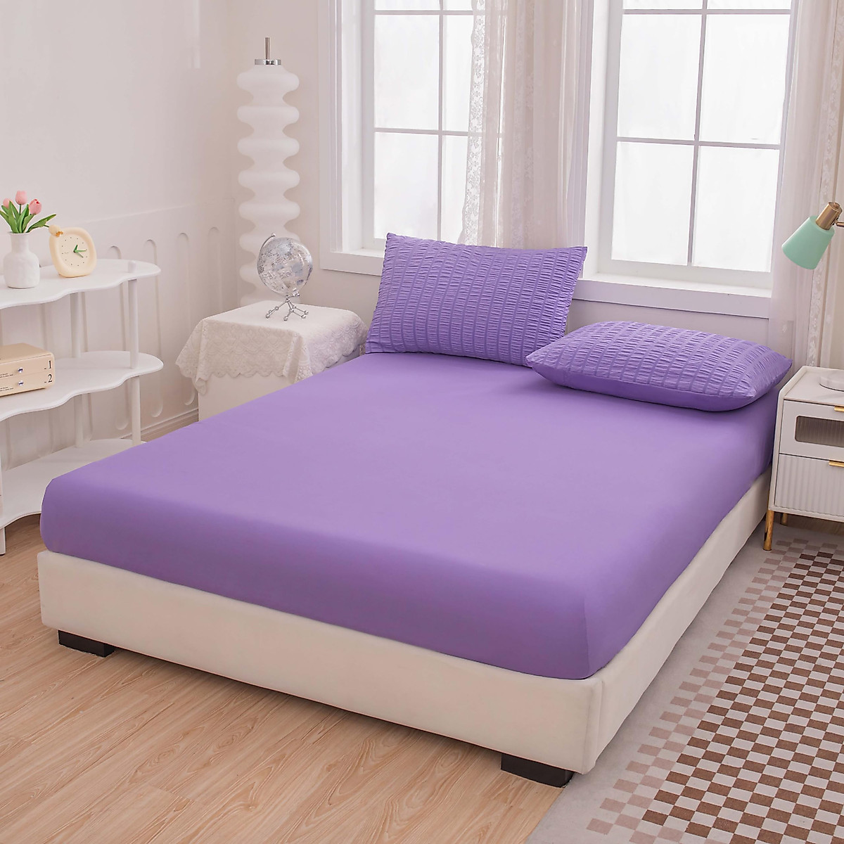 Yadangxiawa Seersucker Purple Queen Size Comforter Sets for Girls Women Boho Purple Seersucker Bedding Set & Collections 5 Pieces-Soft Lightweight Microfiber Bed Set for All Season,Queen 90''x90''…