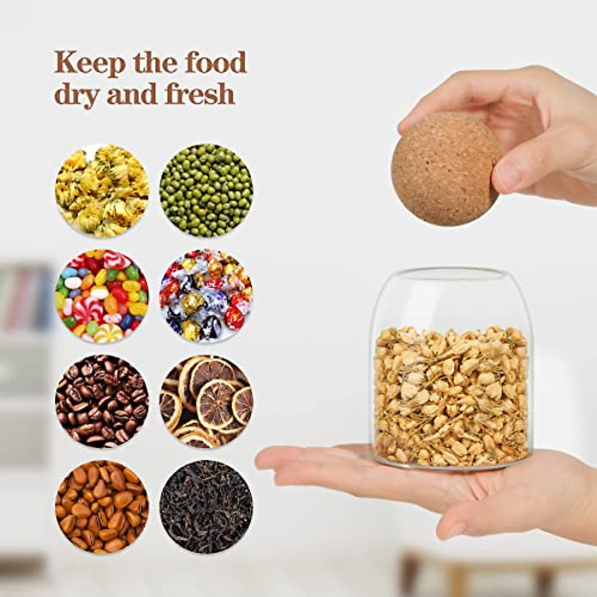 ComSaf 480ml/16Oz Glass Storage Container with Ball Cork, 3Pcs Glass Jar with Cork Lid, Round Cork Glass Bottle, Small Candy Jar with Wood Ball Lid for Food, Coffee, Sugar, Spice, Tea, DIY Decoration