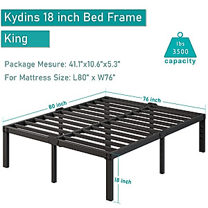 Kydins King Size Bed Frame Platform 18 Inch with Storage No Box Spring Needed Metal Black Heavy duty Non Slip Mattress Fundation Support 3500 lbs Headboard Compatible Easy Assembly