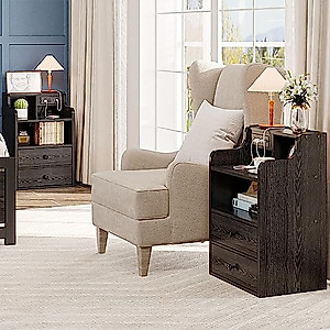 LIKIMIO Black Nightstand with LED Charging Station 2 Drawers and Storage Shelves, Left and Right Interchangeable Sockets Bed Side Table Night Stand with Drawer