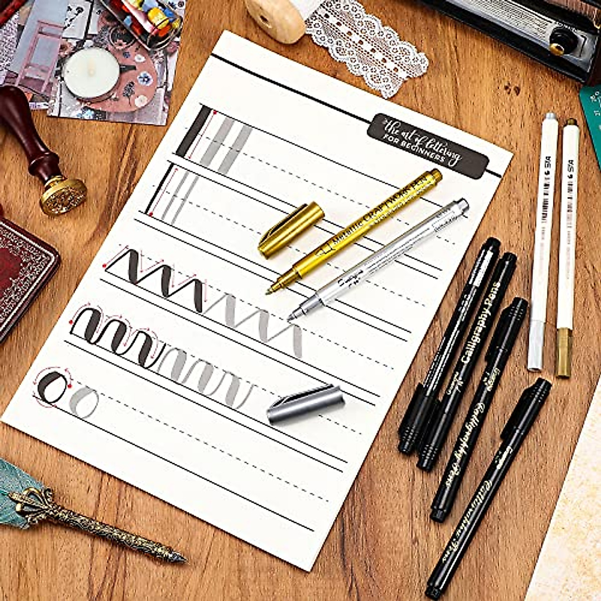 Chinco 9 Pieces Calligraphy Set for Beginners learn Caligraphy Kits, Including 8 Pieces Calligraphy Brush Pens Hand Lettering Pens and Lettering Workbook Calligraphy Book for Teen Kid Adult