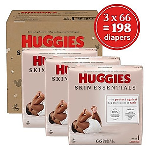 Huggies Size 1 Diapers, Skin Essentials Baby Diapers, Size 1 (8-14 lbs), 198 Count (3 Packs of 66)