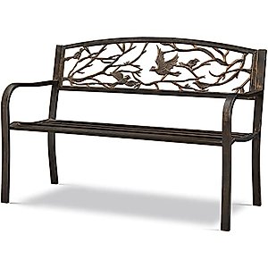 Topeakmart 50in Steel Garden Bench Outdoor Metal Benches, with Backrest and Armrest, Antique Metal Bench Patio Furniture for Yard Porch Path Work Entryway