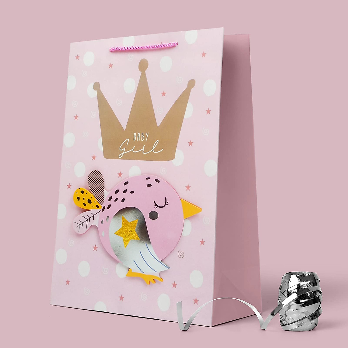 LDGOOAEL 16" Large Gift Bag with Tissue Paper for Baby Shower - 2 Pack (Baby Girl, Pink Elephant)