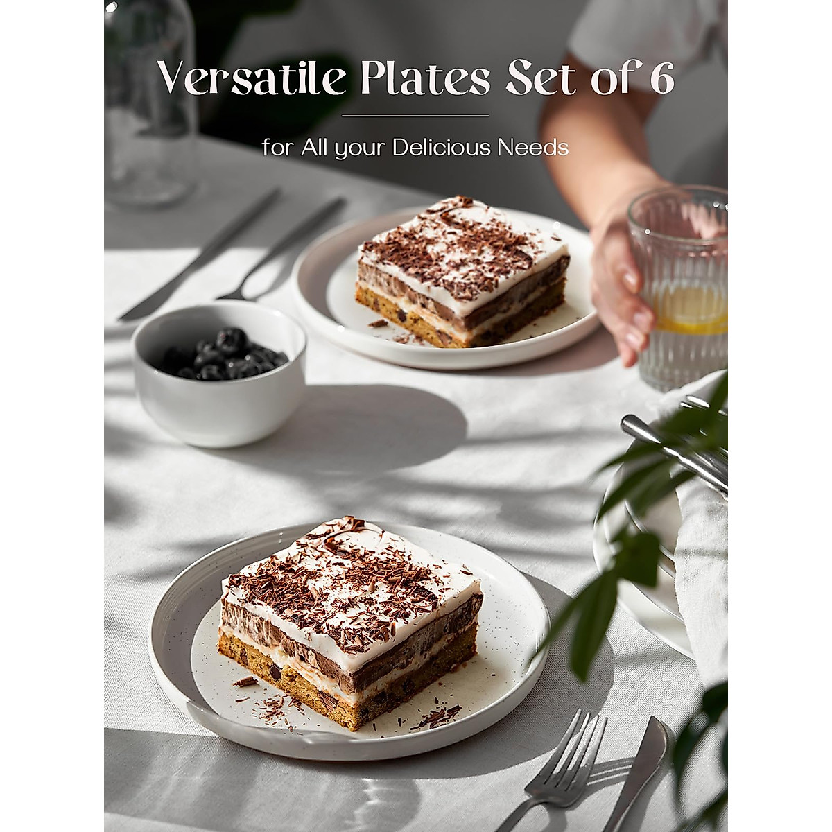 DOWAN 8.5" Moon-White Sesame Glaze Dinner, Dessert & Salad Plates Set of 6, Porcelain Ceramic, Microwave, Oven & Dishwasher Safe, Perfect for Daily Dining, Family Gatherings, Parties & Gifts