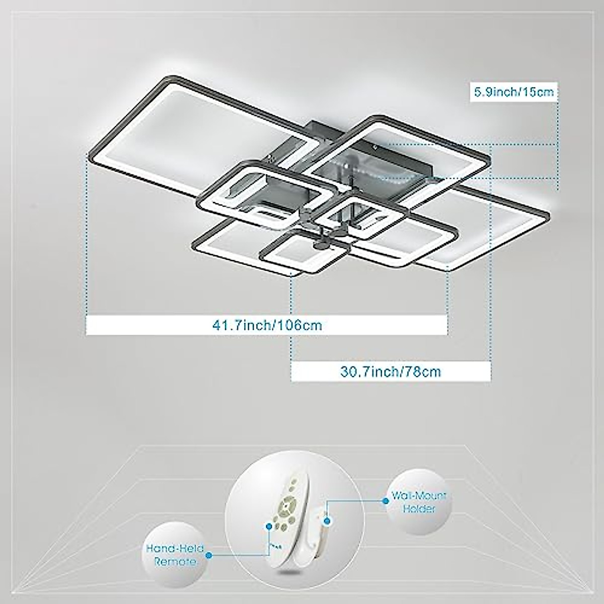 HIHIHOMY 41.7in Modern LED Ceiling Light for Living Room,120W Brown Modern Dimmable Flush Mount Led Ceiling Light Fixtures,8 Square Frame Acrylic with Remote Ceiling Lamps
