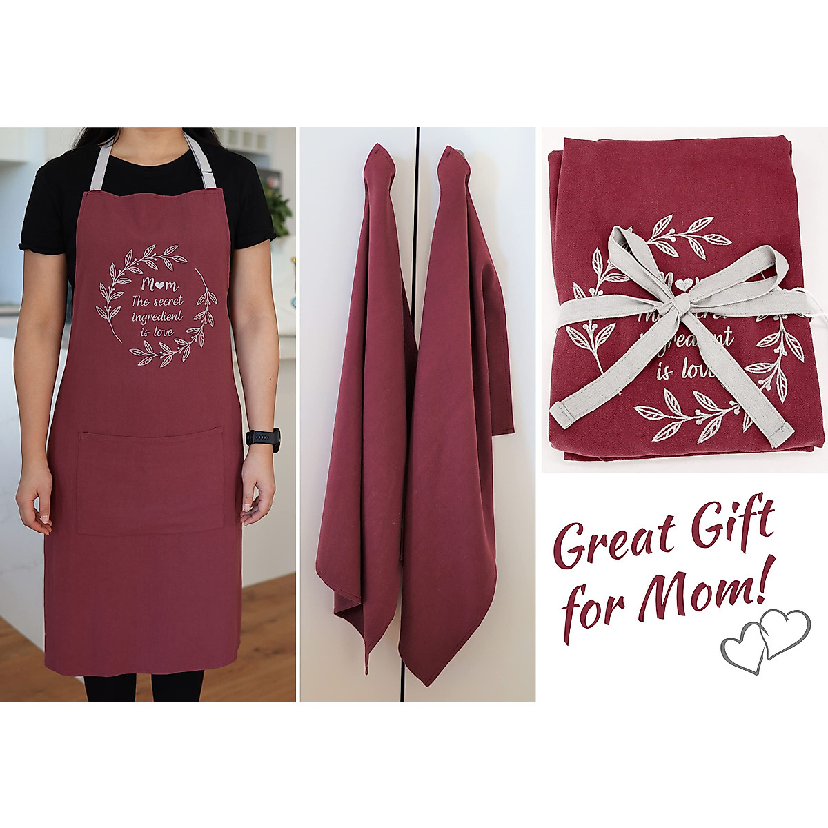Mom Apron Set with Matching Dish Towels - Gift for Mom Wife Grandma for Cooking Baking – Mommy Apron - Kitchen Aprons for Mom Women Grandma – Cooking Aprons for Women – Cotton Linen Embroidered Apron