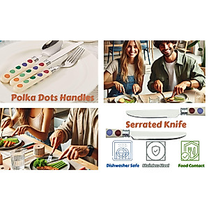 EXZACT Cutlery Set 24 PCS Stainless Steel with Polka Dots Handle - Dinner Knife x 6, Dinner Fork x 6, Table Spoon x 6, Tea Spoon x 6, Service for 6 - Mirror Polished