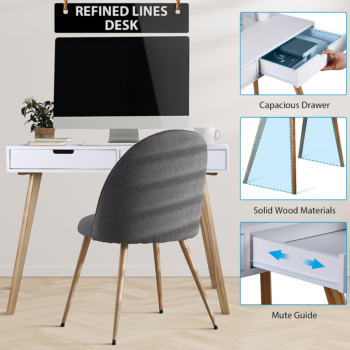 SUPER DEAL Mid Century Writing Computer Desk, Modern Home Office Laptop PC Desk with Two Storage Drawers & Solid Wood Legs, Console Table Makeup Vanity Table for Bedroom