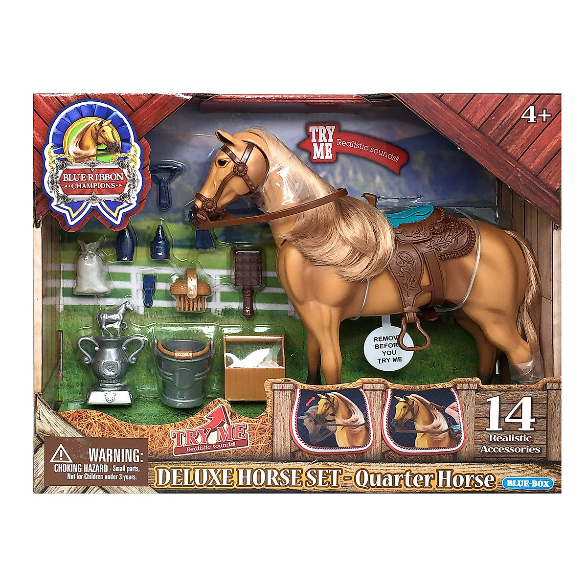 Sunny Days Entertainment | Quarter Horse with Moveable Head, Realistic Sound and 14 Grooming Accessories | Blue Ribbon Champions Deluxe Toy Horses