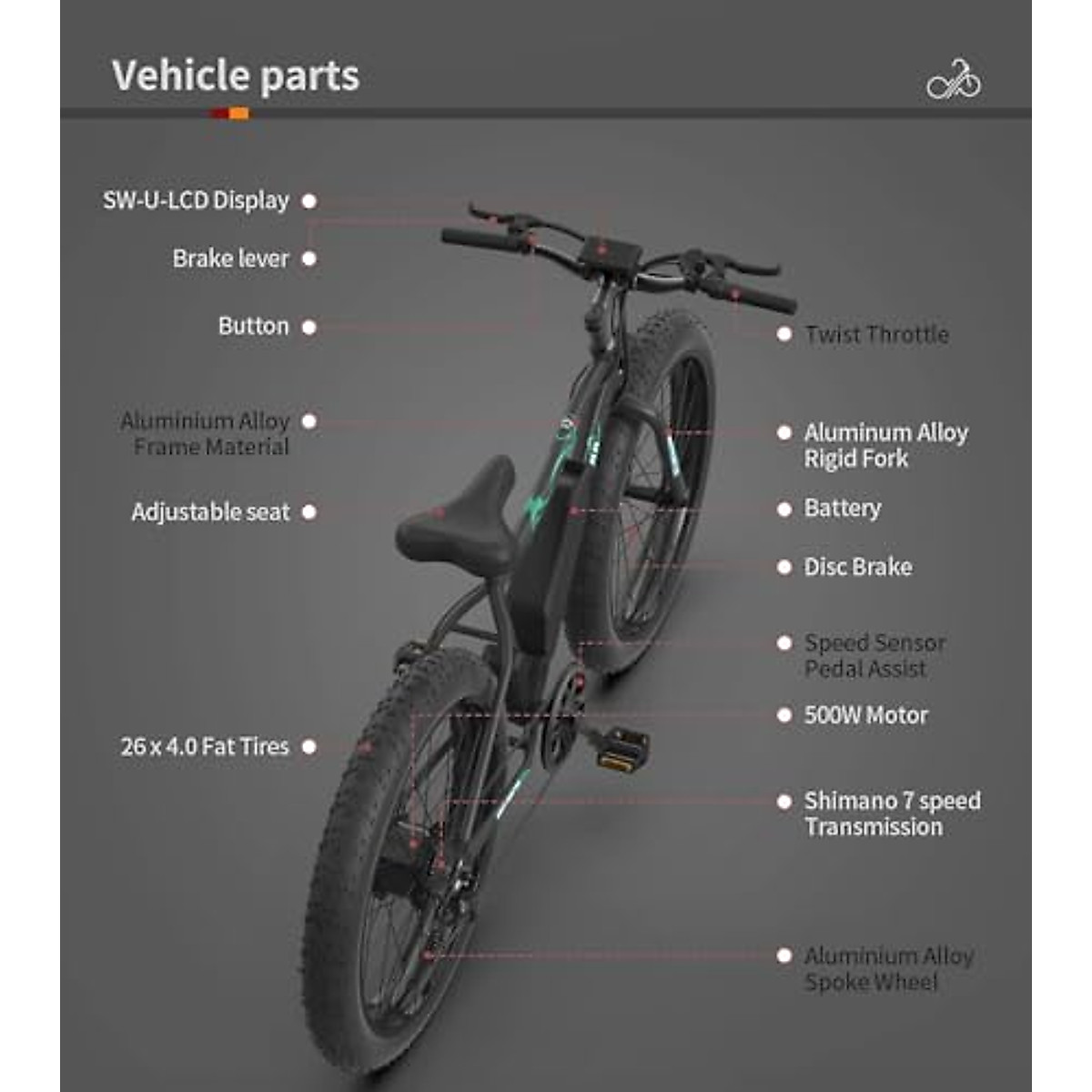 aostirmotor 500W Electric Bike for Adults 26"×4" Fat Tire Electric Bike 36V 13AH Removable Lithium Battery Adult Electric Bicycles, 28MPH E Bike for Adults, Shimano 7 Speed Electric Mountain Bike