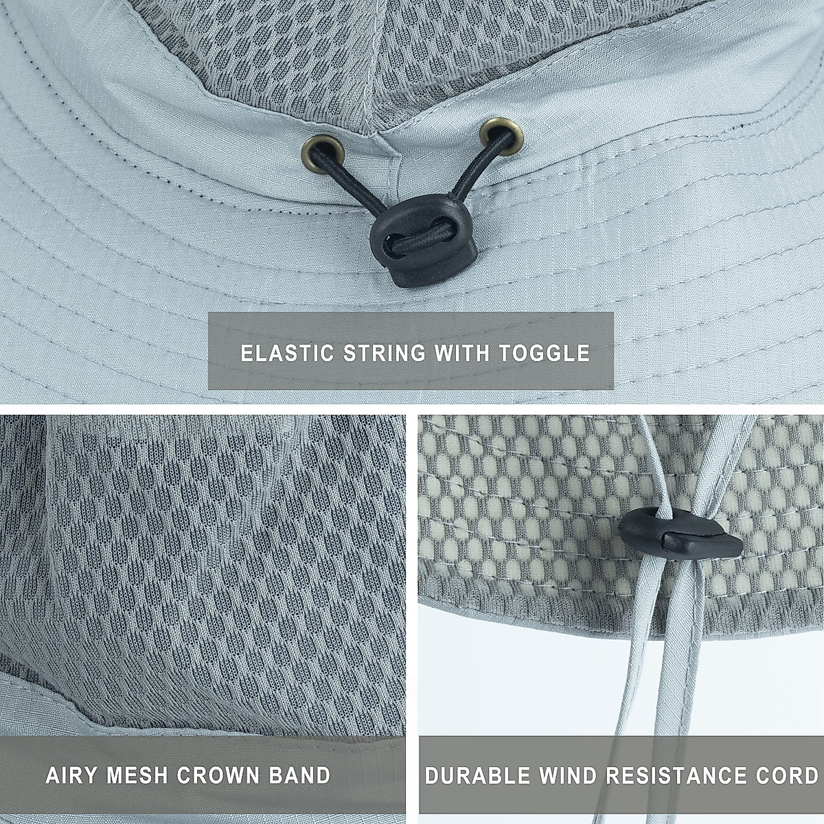 Koreshion Mens Womens Sun Hat Wide Brim Breathable Mesh UPF 50+ Bucket Hat Waterproof Fishing Hat Quick-drying Safari Hat Foldable Boonie Cap Outdoor Sun Protection Cap Light Gray
