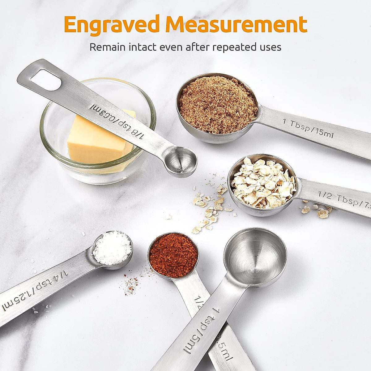 Measuring Spoons: U-Taste 18/8 Stainless Steel Set of 7 Piece: 1/8 tsp, 1/4 tsp, 1/2 tsp, 3/4 tsp, 1 tsp, 1/2 tbsp & 1 tbsp Dry and Liquid Ingredients