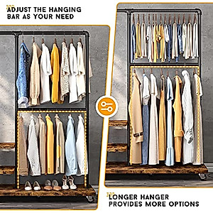 Raybee Clothes Rack Heavy Duty Clothing Rack, 400LBS Rolling Garment Rack with Shelves, Industrial Clothing Rack with Shelves, Portable Adjustable Clothes Rack for Hanging Clothes, Rustic Brown