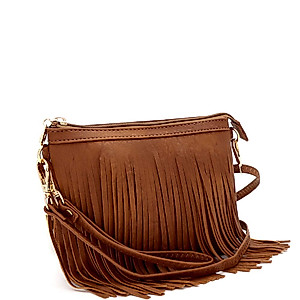 Front and Back Both Side Fringed Soft PU Leather Small Boho Crossbody Wristlet (ZBlack)