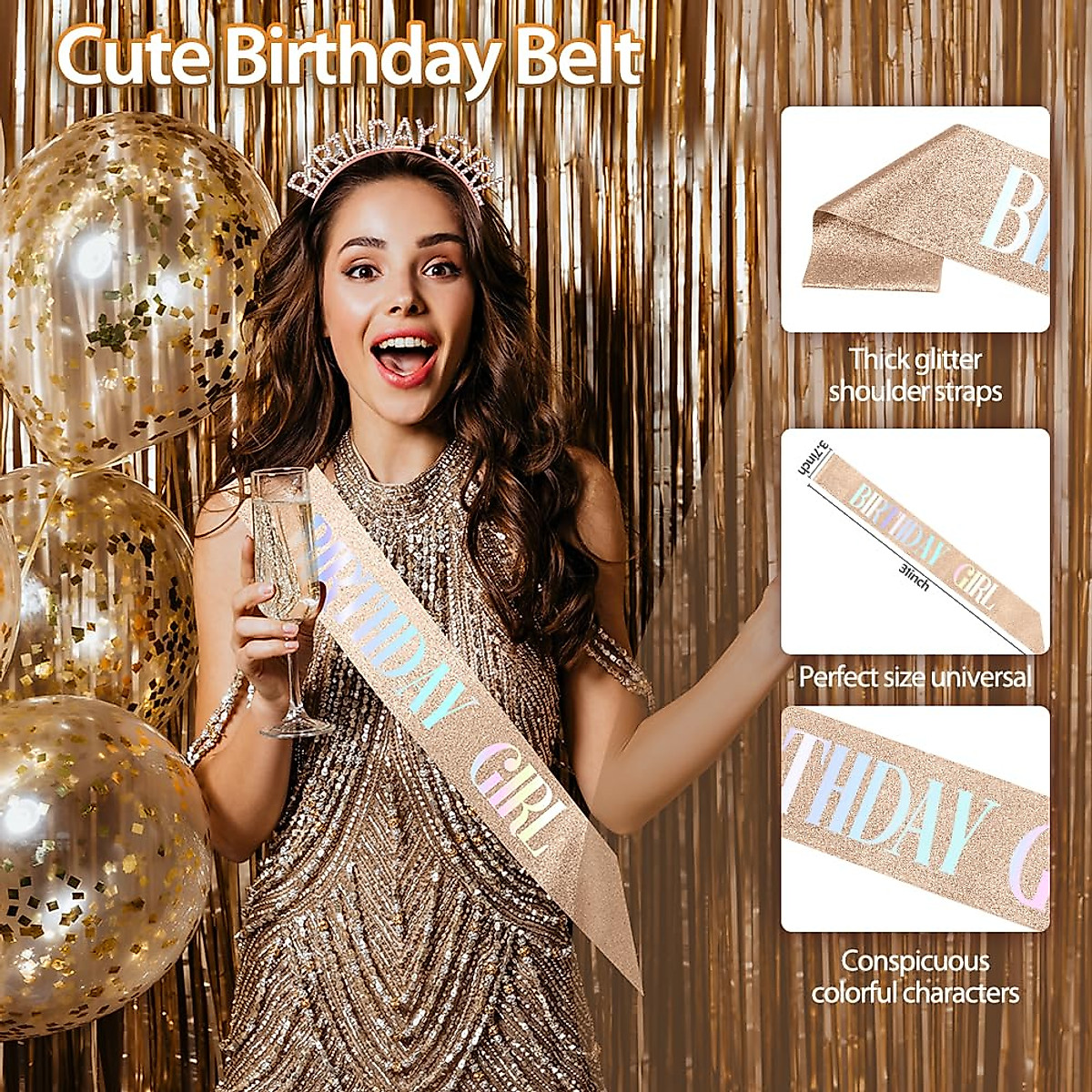 Birthday Sash Birthday Crown for Women, Birthday Girl Sash, Birthday Girl Crown, Glitter Rose Gold Birthday Sash and Crown Rhinestone Headband Set, Happy Birthday Girl Princess Tiara Sash Accessories
