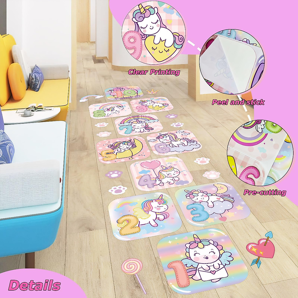 Large Unicorn Floor Decals, Indoor Hopscotch Number Game Stickers, Creative Unicorn Floor Stickers for Kid Girls Bedroom, Playroom, Classroom, Nursery, Daycare Floor & Wall Decor