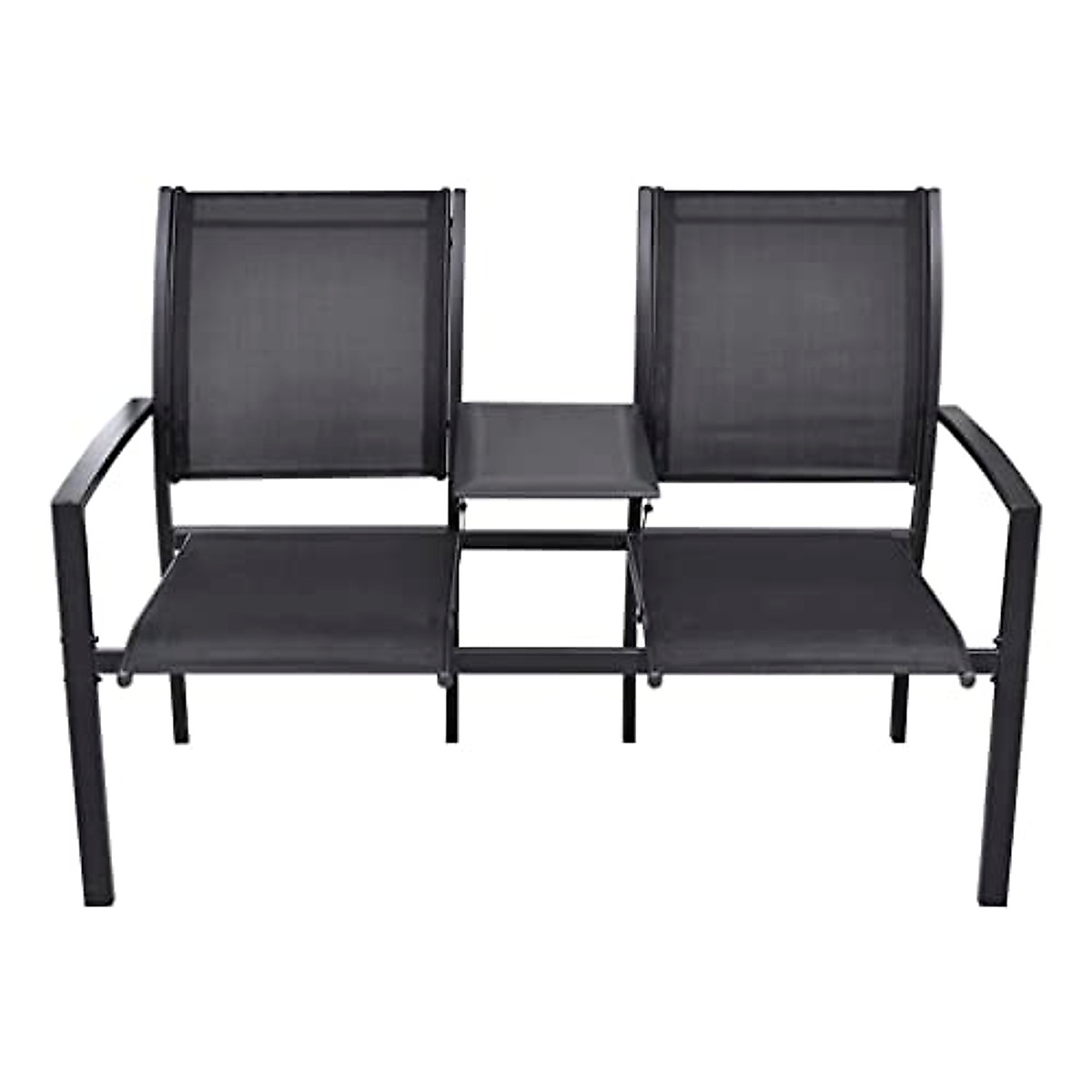 EVERSTRO 2 Seater Patio Bench 51.6" Steel and Textilene Black,Contemporary Double Outdoor Patio Chair with GlassTop Shelf in Black Garden Furniture, Outdoor Seating
