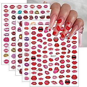 5 Sheets Valentine's Nail Art Stickers Fashion Sexy Lips Nail Decals 3D Self-Adhesive Rose Heart Red Lips Nail Design Colorful Lips Nail Art Stickers Nail Art for Women Supplies Charms Decorations