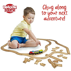 Dragon Drew Wooden Train Tracks - 55 Piece - Compatible with Brio, Thomas, Chuggington and All Major Brands – Accessories and Expansion Kit Includes 52 Tracks and 3 Cute Cars