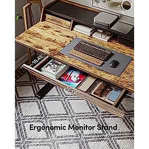 BANTI Height Adjustable Electric Standing Desk with Three Drawers, 48 x 25 Inch Table with Storage Shelf, Sit Stand Desk with Storage Space, Splice Board with Black Frame/Rustic Brown Top