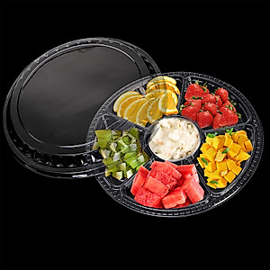 Lawei 30 Pack 12.5 Inch Plastic Appetizer Tray with Lid, 6 Sectional Round Plastic Serving Tray, PET Food Serving Dip Platter, Disposable Fruit Vegetable Trays Storage Containers for Party Buffet