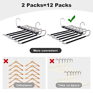 Abarackie Hangers for Clothes, Hangers Space Saving 6 Tier Pant Hangers, Hangers for Clothes for Pants Jeans Skirts Scarf Legging, Anti-Slip, Stainless Steel, 2 Packs, Black
