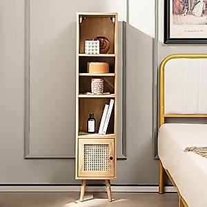 Giantex 54" Tall 4-Tier Bookcase with Door, Freestanding Slim Narrow Book Cabinet with Adjustable Shelf, Vertical Bookshelf with Leg, Open Shelving Display Rack, Boho Wooden 4-Cube Storage Organizer