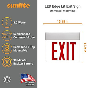 Sunlite 05277 LED Edge Lit Exit Sign, Clear Panel with Etched Bright Red Lettering, 90-Min Battery Power Back-Up, Dual Voltage 120-277V, Universal Mounting, Long Lasting, Fire Safety, NYC Compliant