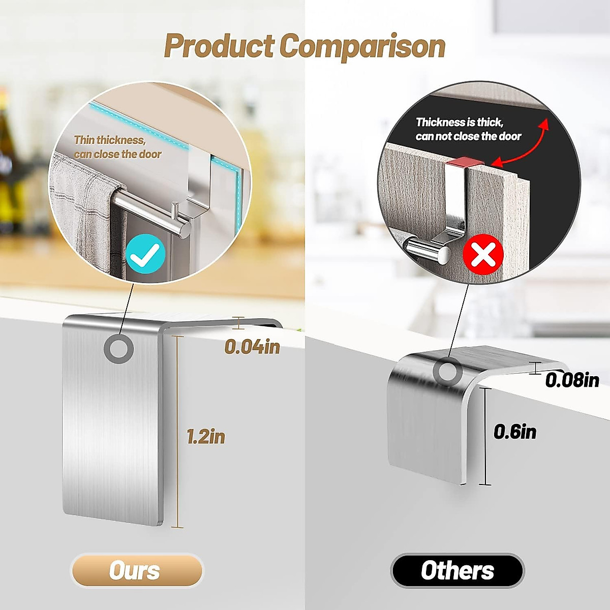 VEHHE Kitchen Towel Rack-2pcs, 12.7-Inches, Over The Door Towel Holder with Eva Foam Pads, Kitchen Towel Holder with 2 Hooks, Stainless Steel Towel Holder for Kitchen Cabinet (Silver)