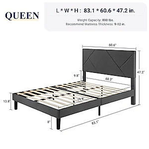 Allewie Queen Size Upholstered Bed Frame with Geometric Headboard, Heavy-Duty Platform Bed, No Box Spring Needed, Dark Grey