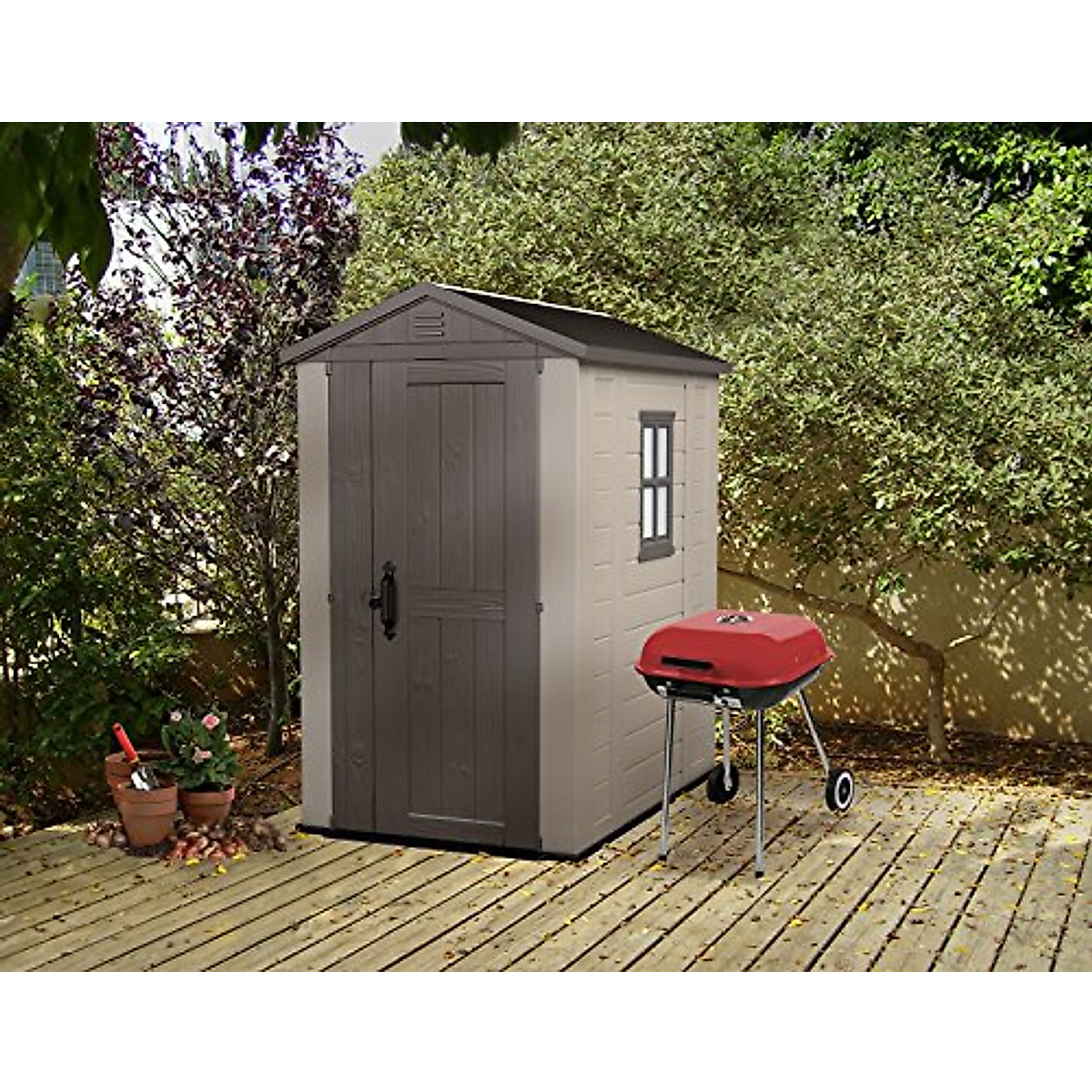 Keter Factor 4x6 Outdoor Storage Shed | Store Patio Furniture, Garden tools, Bike accesories, beach chairs, or Lawn Mowers | Taupe & Brown