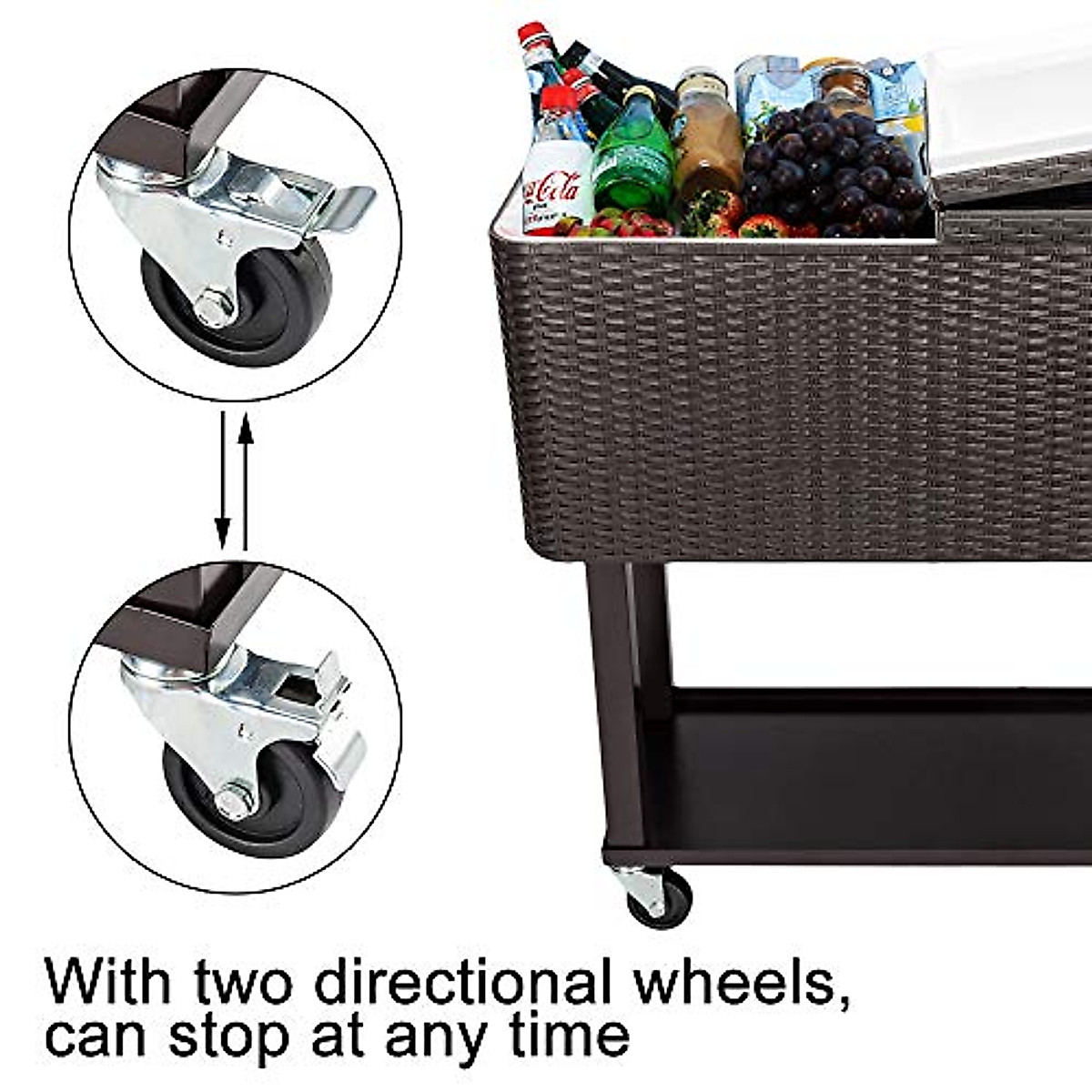 Goujxcy 80 Quart Qt Rolling Cooler Ice Chest Cart for Outdoor Patio Deck Party, Dark Brown Wicker Faux Rattan Tub Trolley, Portable Backyard Party Drink Beverage Bar Cooler,Brown