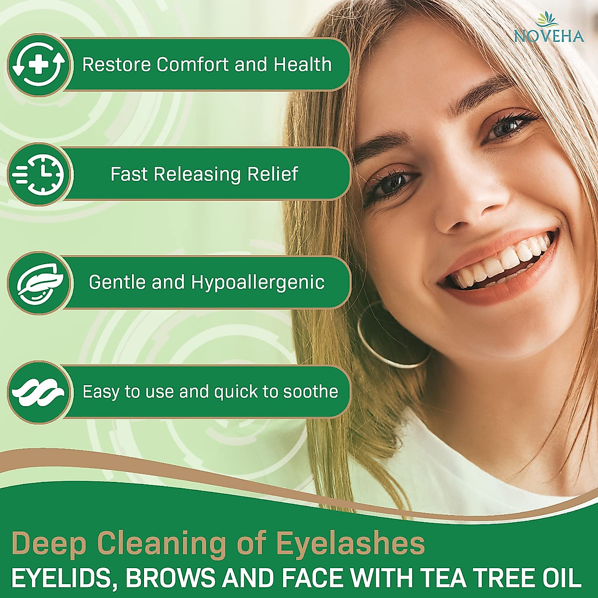 NOVEHA Tea Tree & Coconut Oil Eyelid & Lash Wipes | For Demodex, Blepharitis & Itchy Eyes, Box Of 60 Individually Wrapped Eyelash Wipes With Aloe Vera, Natural Makeup Remover & Daily Eye Cleanser