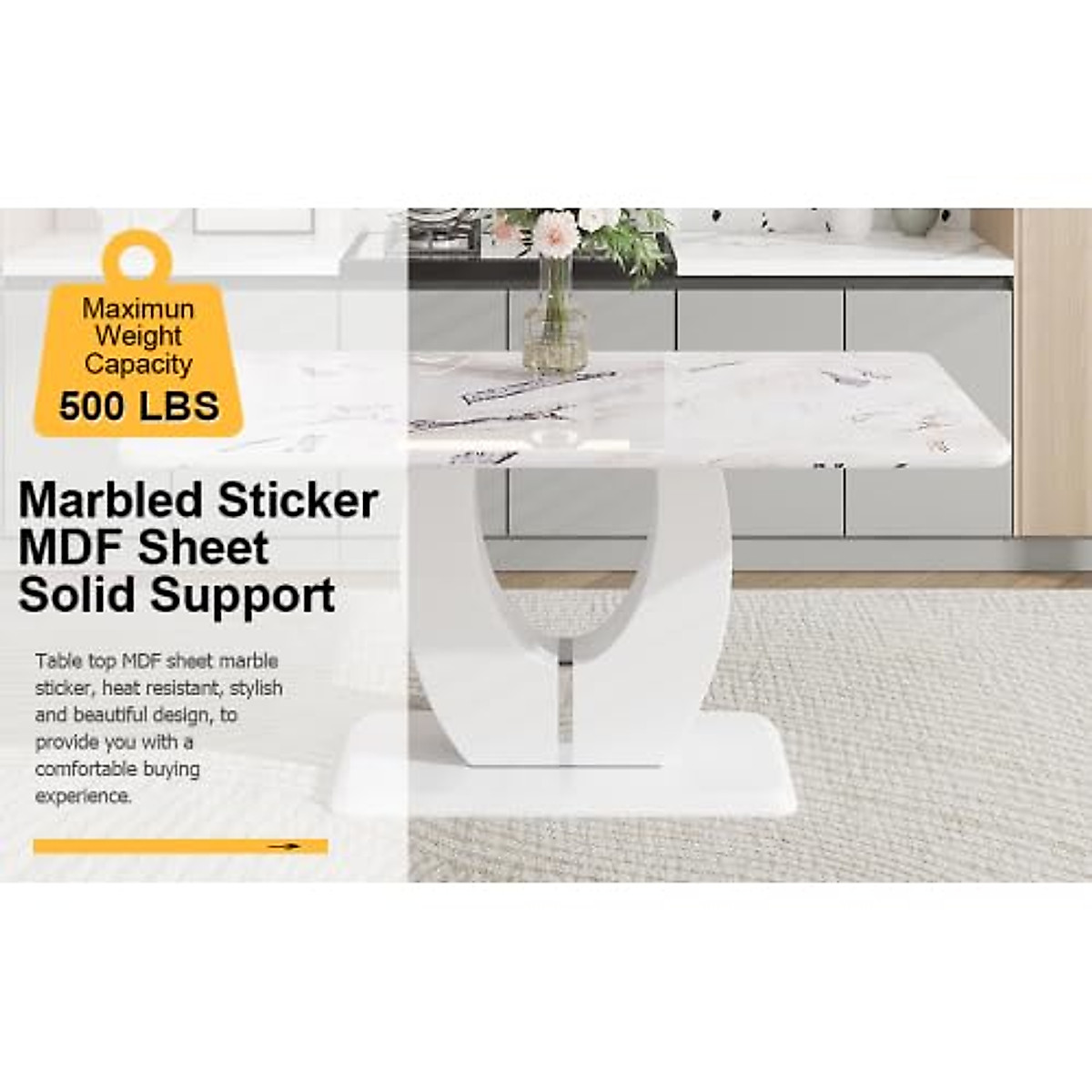 Goujxcy Modern White Marble Dining Table for 4 6 8, Kitchen Dining Room Table with White Marble Tabletop and Large U-Shape Pedestal Base Dinner Table for Dining Room (White9)