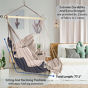 BDECORU Hanging Hammock Chair Swing - Outdoor & Indoor Hammock Swing Chairs for Outside or Inside of Home, Swing Hanging Chair with Footrest - Includes 2 Cushions, Bag, & Hanging Kit - Gray Beige