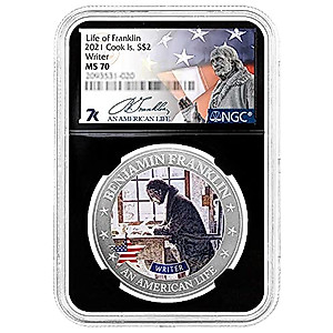 2021 DE An American Life PowerCoin Writer Benjamin Franklin Graded Ms70 1/2 Oz Silver Coin 2$ Cook Islands 2021 Proof