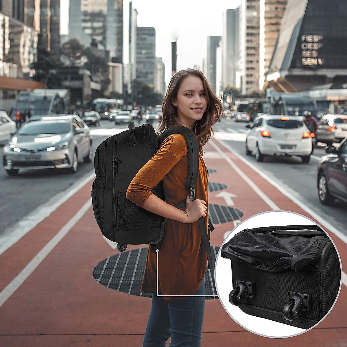 MATEIN Rolling Backpack with 4 Wheels, 17 inch Travel Laptop Backpack for Women Men, Large Wheeled Backpacks Water Resistant Business Carry on Bag Airline Approved, School Luggage Suitcase Bag, Black