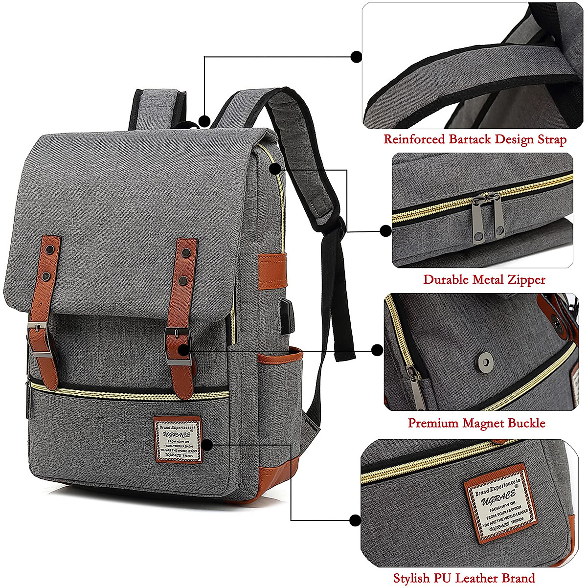 UGRACE Laptop Backpack, Grey, Unisex, 15.6" Laptop Compartment, 6 Compartments, USB Charge Port, Adjustable Shoulder Strap, PU Leather Belt