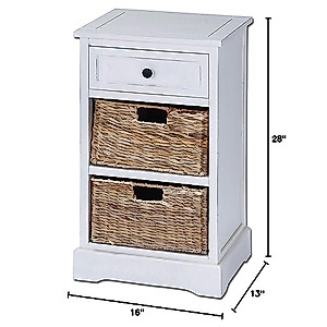 Urban Designs, White Malibu 3-Drawer Night Stand with Wicker Baskets