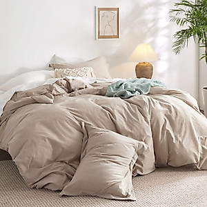 Bedsure 100% Washed Cotton Duvet Cover King Size - Warm Sand Minimalist Duvet Cover Set Linen Like - 3 Pieces Plain Simple Cotton Duvet Cover Set with 2 Pillow Shams (Warm Sand, King, 104"x90")